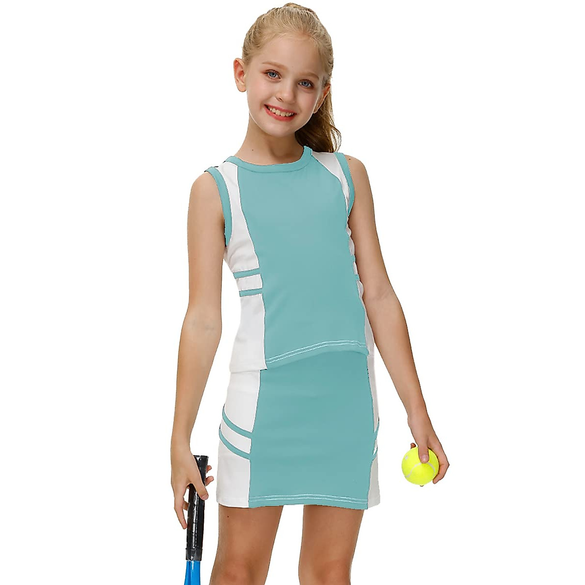 Girls Tennis Athletic Outfit Set Sports Color Block Casual Tank Top Golf Skirt Built in Shorts Light Green 6-7 Years