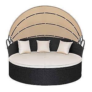 Kemon Patio Furniture Round Outdoor Daybed with Retractable Canopy Wicker Rattan Sectional Sofa for Lawn Garden Backyard Pool, Beige