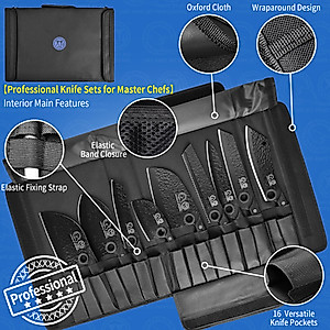 XYJ Professional Black Kitchen Knife Set with High-Carbon Steel Forged Blades, Chef's Knife, Cleaver, Carving Knife, Nakiri, Full Tang Design, Includes Carrying Bag & Poultry Scissors,Christmas Gifts