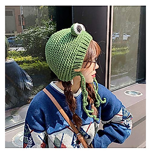 Women Girls Crochet Knitted Winter Headband Hat Beanie Cute Cartoon Frog Big Eyes Earflap Cap Photo Props