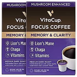 VitaCup Focus Mushroom Coffee Pods, Boost Focus & Immunity w/Lions Mane, Chaga, B Vitamins, D3 for Memory & Clarity, Medium Roast, Recyclable Single Serve Pod Compatible w/Keurig K-Cup Brewers,32 Ct