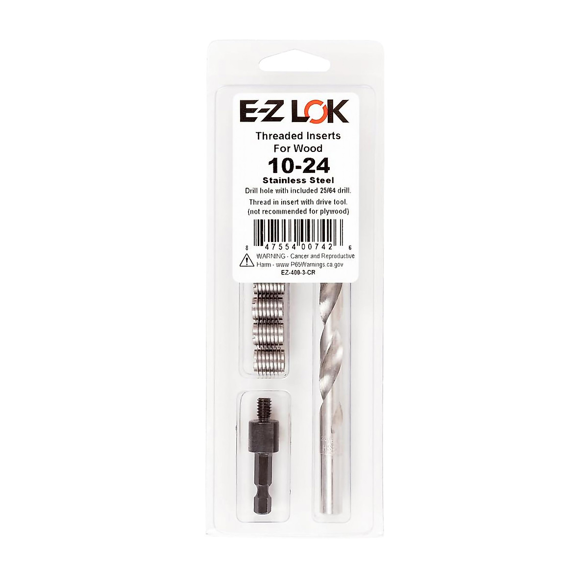 E-Z LOK 400-3-CR Threaded Inserts for Wood, Installation Kit, Stainless Steel, Includes 10-24 Knife Thread Inserts (6), Drill, Installation Tool