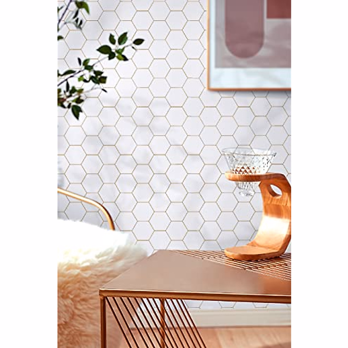 Fiula Gold and White Geometric Wallpaper Peel and Stick Wallpaper Hexagon White Wallpaper 17.3”×78.7”Decorative Shelf Drawer Liner Roll Waterproof