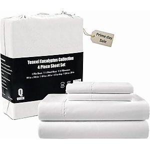 Cooling Sheets Queen Sheet Set, Tencel Lyocell Sheets for Queen Size Bed, 4PC Cooling Bed Sheets, Softer than Sheets Queen Size, Bedding Sets Queen, Eucalyptus Sheets Queen Size - White Sheets