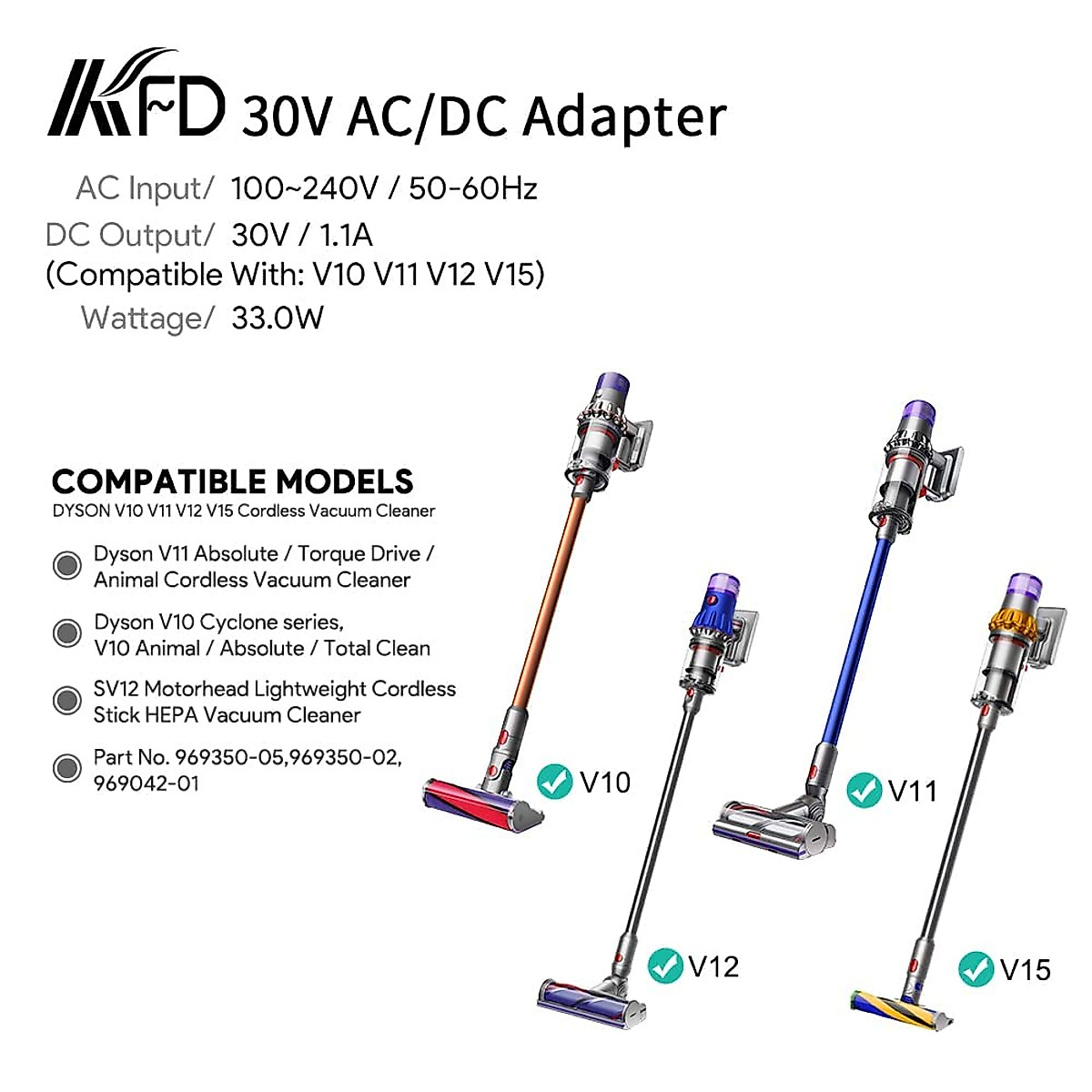 KFD 30V Replacement Dyson V10 V11 V12 V15 Charger AC Adapter for Dyson Cyclone V10 Absolute Animal Motorhead, Dyson V11 Torque Drive/Animal/Absolute Cordless Vacuum Cleaner Power Supply Cord Cable