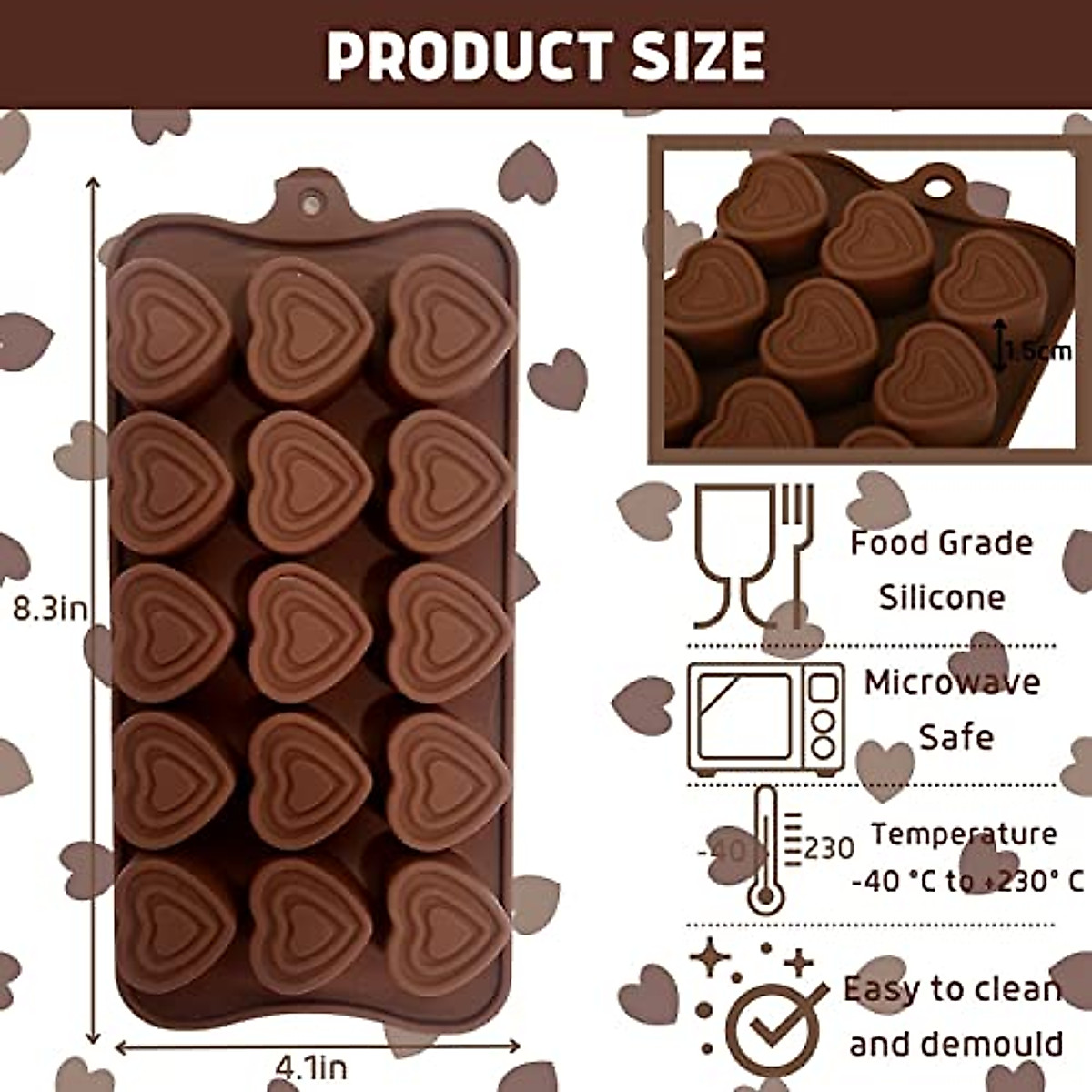 Crethinkaty Valentines Chocolate Moulds - 1 Pack 15-Cavity Heart Silicone Chocolate Moulds Chocolate Making Molds Silicone Candy Moulds for Valentine's Day Wedding
