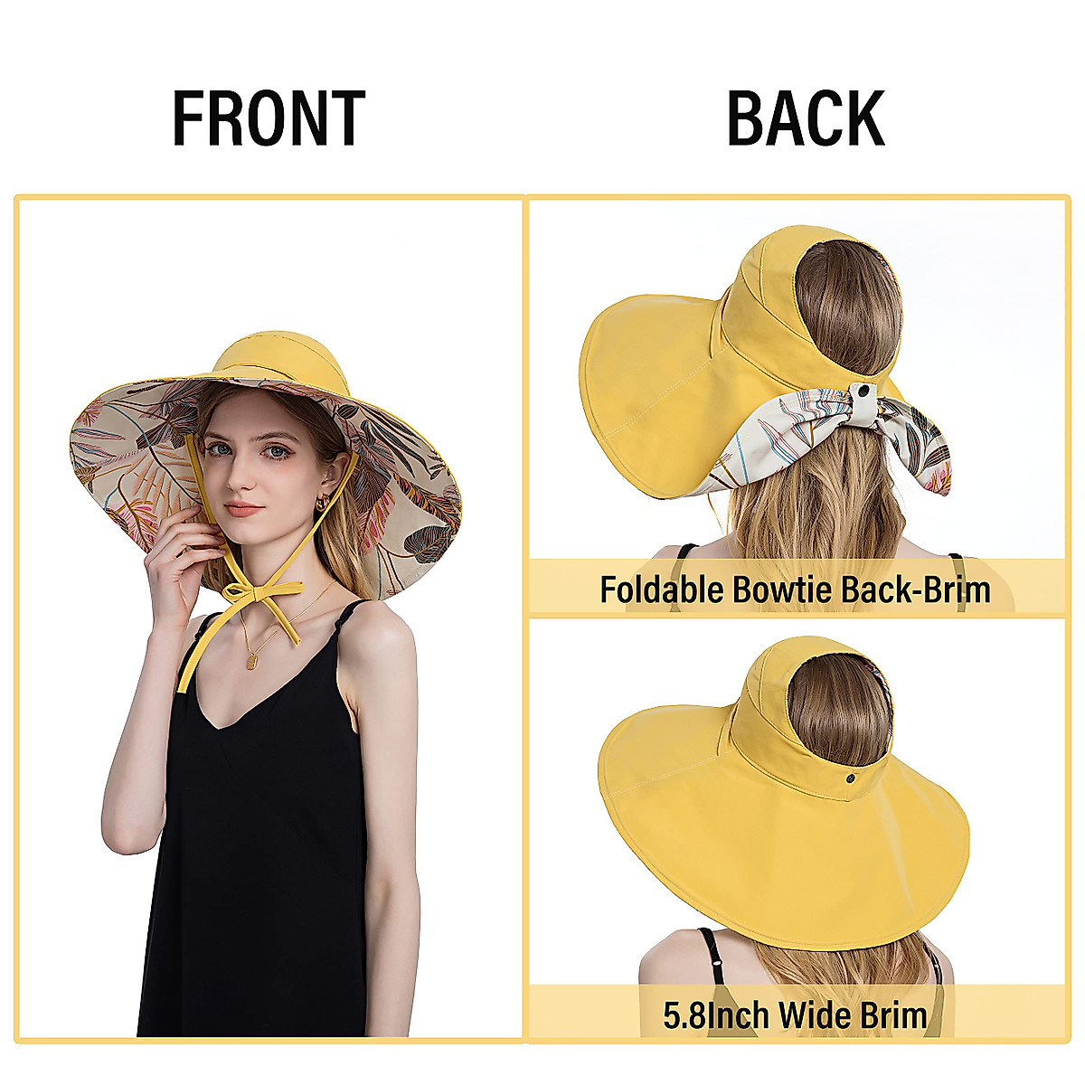 Koreshion Women Ponytail Sun Hat Reversible Fishing Hat Foldable Bowknot Summer Hat UPF 50+ Beach Cap Wide Brim Bucket Hat Yellow