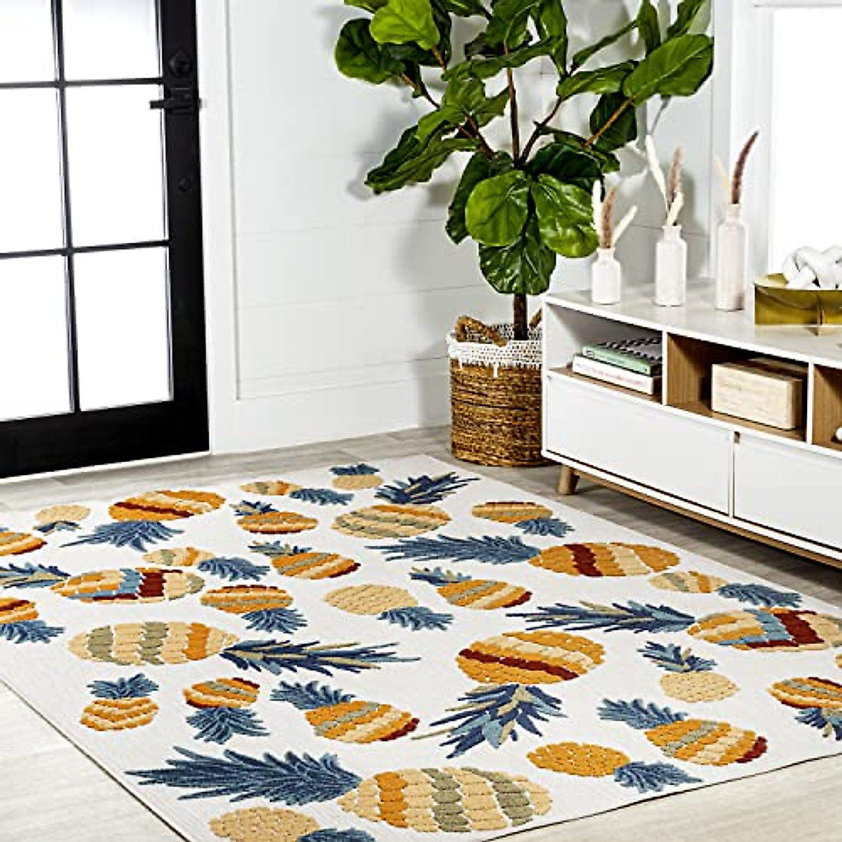 JONATHAN Y AMC117A-5 Ananas Bold Pineapple High-Low Indoor Outdoor Area-Rug, Tropical Coastal Casual Easy-Cleaning,Bedroom,Kitchen,Backyard,Patio,Non Shedding, 5 X 8, Orange/Navy