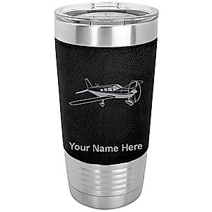 LaserGram 20oz Vacuum Insulated Tumbler Mug, Low Wing Airplane, Personalized Engraving Included (Faux Leather, Black)
