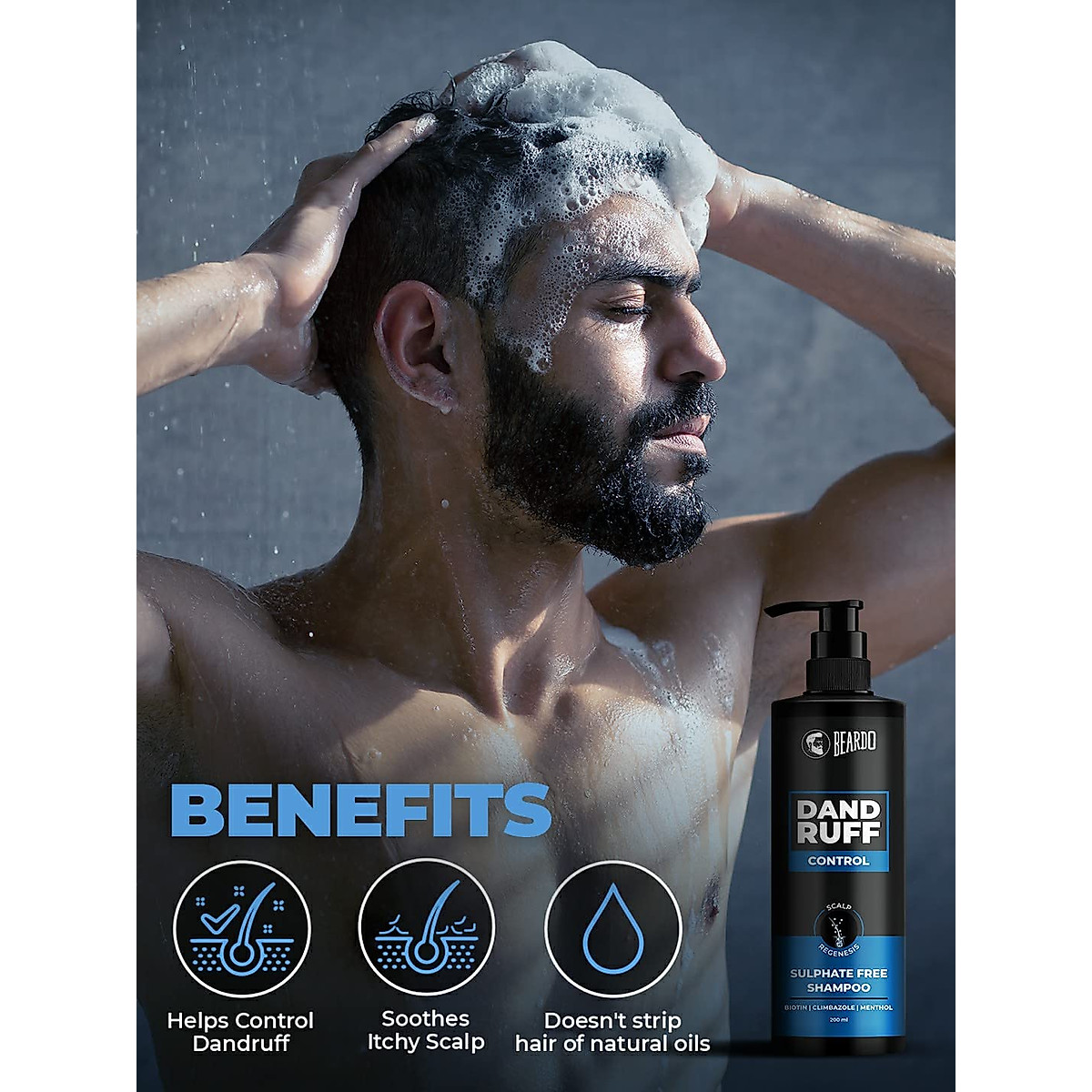 BEARDO Dandruff Control Sulphate Free Shampoo for Men 200 ml | Anti Dandruff Shampoo | Biotin | Climbazole | Menthol | Shampoo for Oily Hair | Reduce Dandruff | Itchy Scalp Treatment - 7 Fl Oz