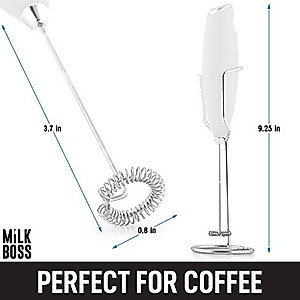 Milk Boss Powerful Milk Frother Handheld With Upgraded Holster Stand - Coffee Frother Electric Handheld Foam Maker - Milk Frother For Coffee, Lattes, Matcha & More - Electric Whisk Frother (White)