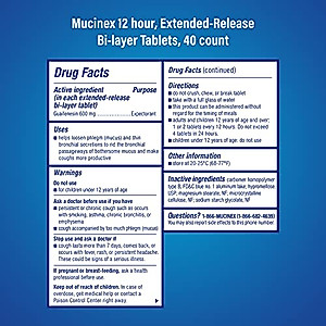 Chest Congestion, Mucinex 12 Hour Extended Release Tablets, 40ct, 600 mg Guaifenesin Relieves Chest Congestion Caused by Excess Mucus, #1 Doctor Recommended OTC expectorant