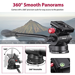 ULANZI U210 Tripod Fluid Head, Mini Pan Tilt Head w Handle,Built-in 1/4'' & 3/8'' Adapter, Panoramic Ball Head w Arca Swiss Quick Release Plate Lightweight for Compact Camera Load up to 11.02 lb/5kg