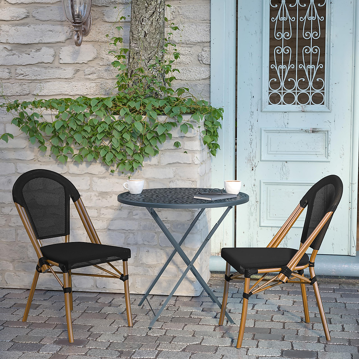BizChair Set of 2 Indoor/Outdoor Commercial Bistro Stacking Chair, Black Textilene Back and Seat, Bamboo Print Aluminum Frame in Natural
