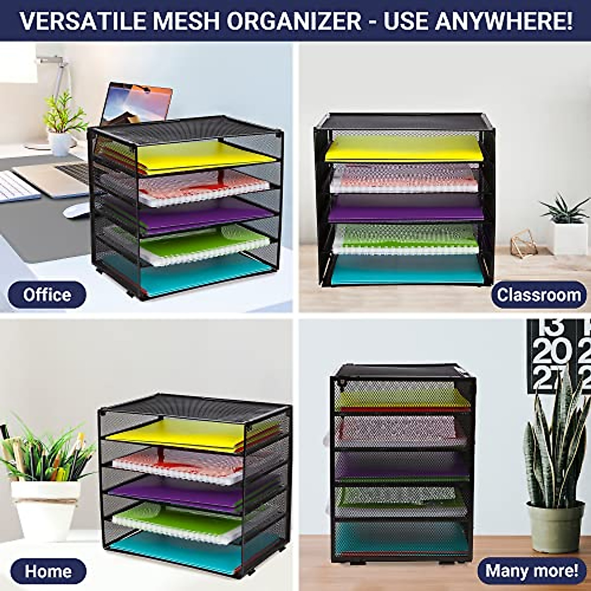 Desk Organizer Tray - Letter Tray in Black Metal Mesh for Organizing Files, Papers, Bills, Folders, Letters, Binders, and More. Desktop Paper Tray Rack for Home, Office, or School (5 Tier)