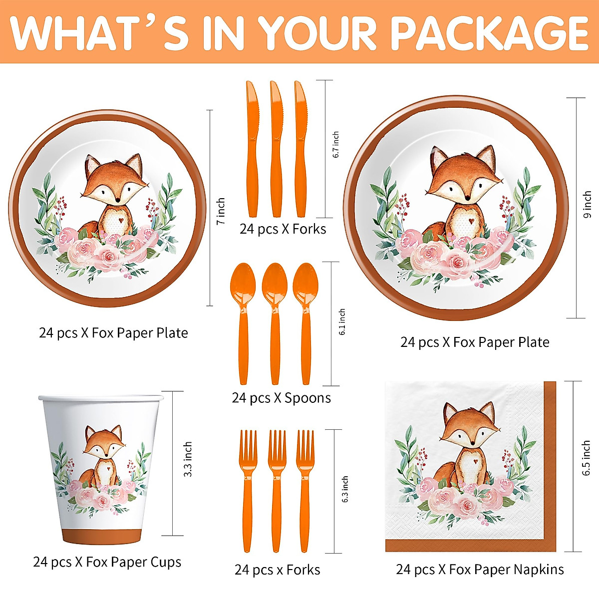 Xenorik Fox Birthday Party Supplies Tableware - Fox Baby Shower Decorations Dinnerware, Paper Plate, Cup, Napkin, Disposable Cutlery, Woodland Creatures Forest Animal Fox Party Supplies | Serve 24