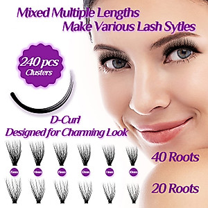 DIY Lash Extension Kit at Home, 240pcs Eyelash Extension Kit Individual Lashes Kit Lash Clusters D Curl Wispy Lash Kit Eyelash Kit Lash Clusters Kit with lash bond and seal and lash Tweezers 20D&40D