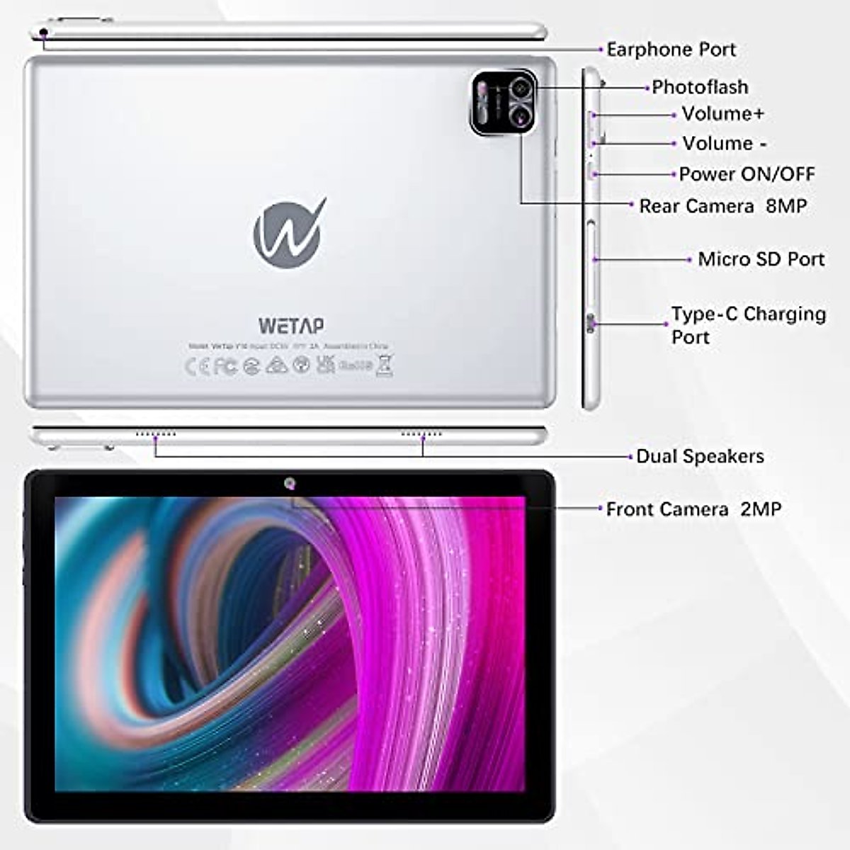 Tablet 10 inch Android Tablets丨WeTap Android 12 Tablet, 3GB RAM 64GB ROM, 2MP+8MP Camera, 1280x800 IPS Google Tablets, Quad-Core Processor Tablets, Wi-Fi Bluetooth 5000mAh Long Lasting Battery Silver