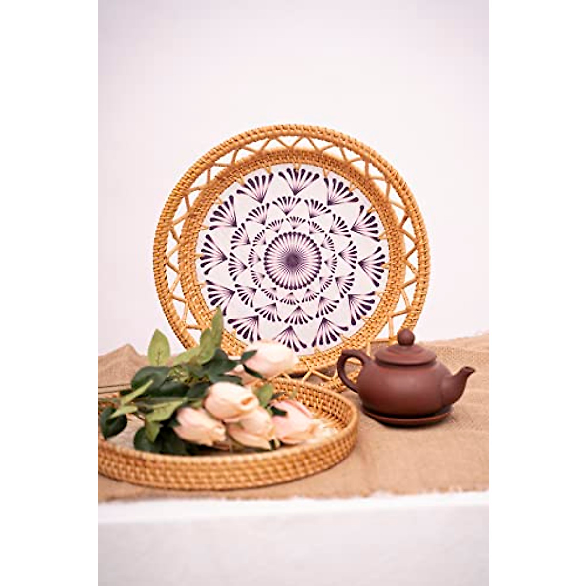 BemiaoCrafts 13" Round Boho Rattan Tray with Wooden Base, Decorative Tray, Rustic Style, Lacquer Serving Basket for Breakfast Food, Round Tray as Coffee Table Decor, Storage and Display