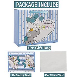 U'COVER 13" Welcome Baby Boy Girl Gift Bags for Baby Shower Medium Size with Ribbon Handles Cute Elephant Balloon Kraft Paper Bag with Tissue Paper Greeting Card 13 X 4.7 X 10 inch