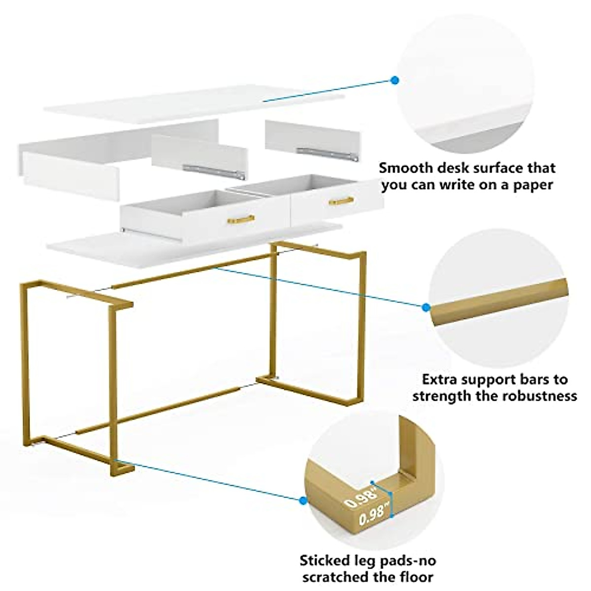 Tribesigns White and Gold Desk with 2 Drawers, White Writing Desk, 40 Inches Computer Desk, Simple and Modern Desk
