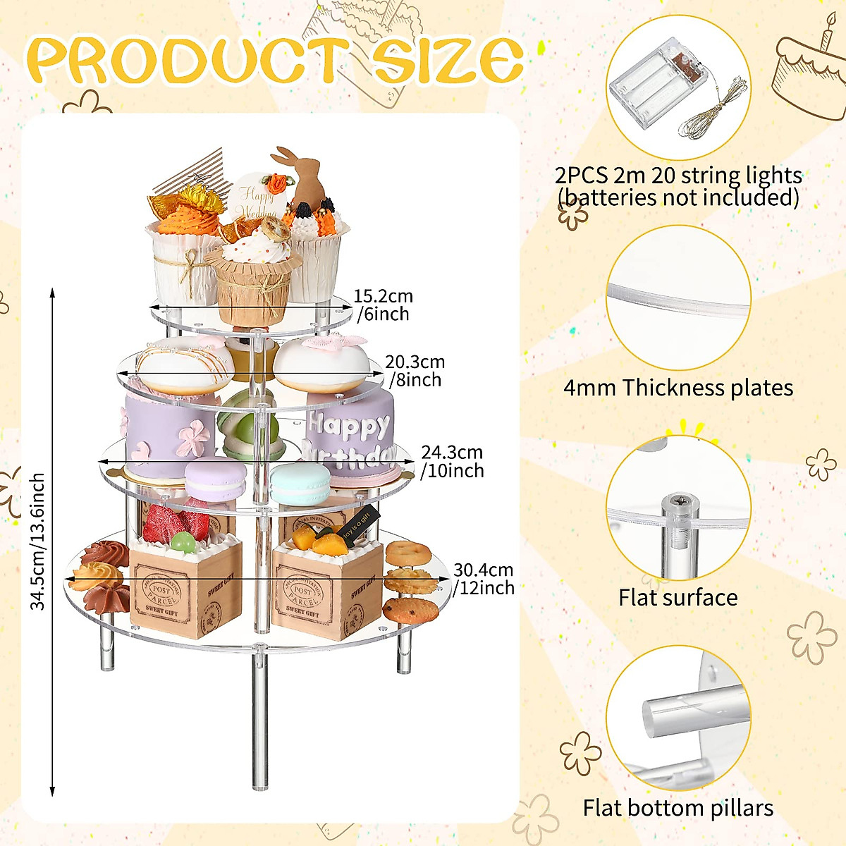 4 Pieces Round Acrylic Cake Stand for Dessert Table, Clear Cupcake Display Stand, 4 Tier Risers Pizza Holder with LED Light String for Wedding Birthday Party, 4 Sizes