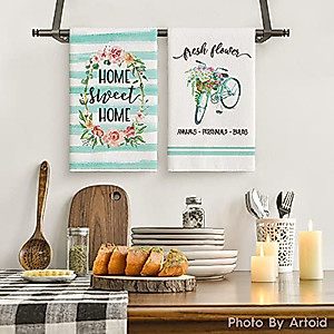 Artoid Mode Watercolor Stripes Flower Bottle Wreath Kitchen Dish Towels, 18 x 26 Inch Seasonal Spring Bicycle Truck Ultra Absorbent Drying Cloth Tea Towels for Cooking Baking Set of 4