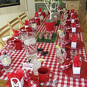 MYMENU Plastic Tablecloth Disposable Checkered Table Cover Extra Thick 54" x 108" Rectangle Table Cloth for Indoor or Outdoor Parties Birthdays Weddings Christmas Fiestas (Orange&White, 2 Pack)