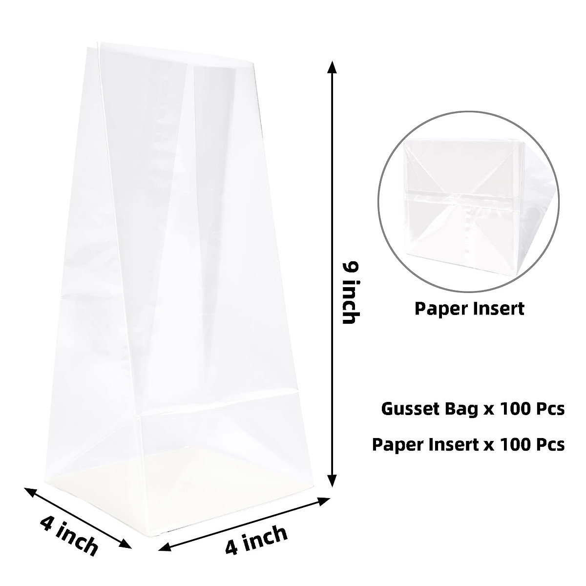 Yotelab Flat Bottom Cellophane Bags, 4x4x9 Inches Gusseted Cellophane Bags With Paper Insert,100 Pieces