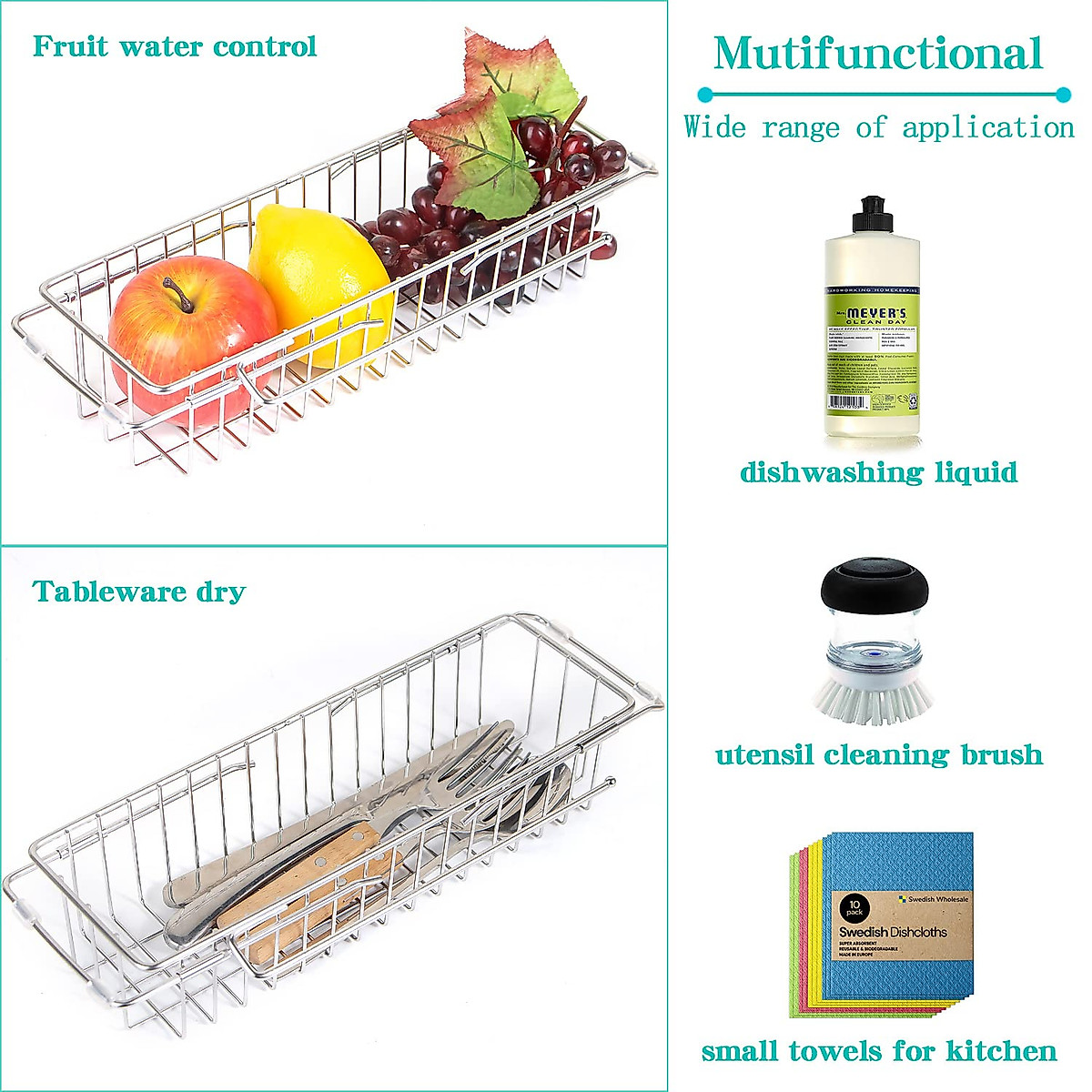 YQh Kitchen Sponge Holder, Sink Caddy，Sink Storage Rack Holder Adjustable，Over Sink Expandable(11.8''-18.9'') Brush Soap Storage Rack，Rust Proof Water Proof, No Drilling- Stainless Steel