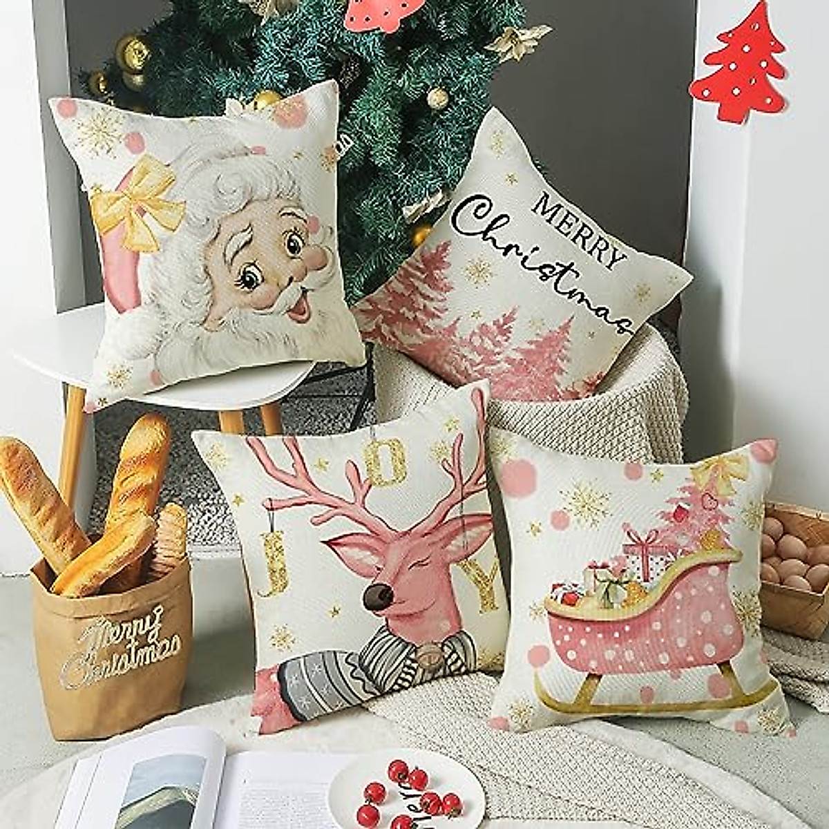 wyooxoo Christmas Pillow Covers 16x16 Inch Set of 4 Christmas Tree Reindeer Pink Decorations Throw Pillow Covers Winter Holiday Decor Linen Pillowcase for Sofa Couch Home Decor (16" x 16", Pink)