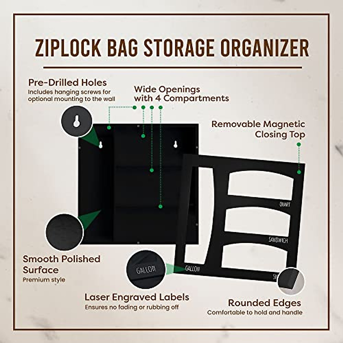 Ziplock Bag Organizer, Bamboo Kitchen Drawer Organizer, Drawer Divider for Snack, Sandwich & Gallon Bags, Kitchen Organizer with 60 Zip Lock Bags, 12x12 inch Box, Black -Total Kitchen Solutions