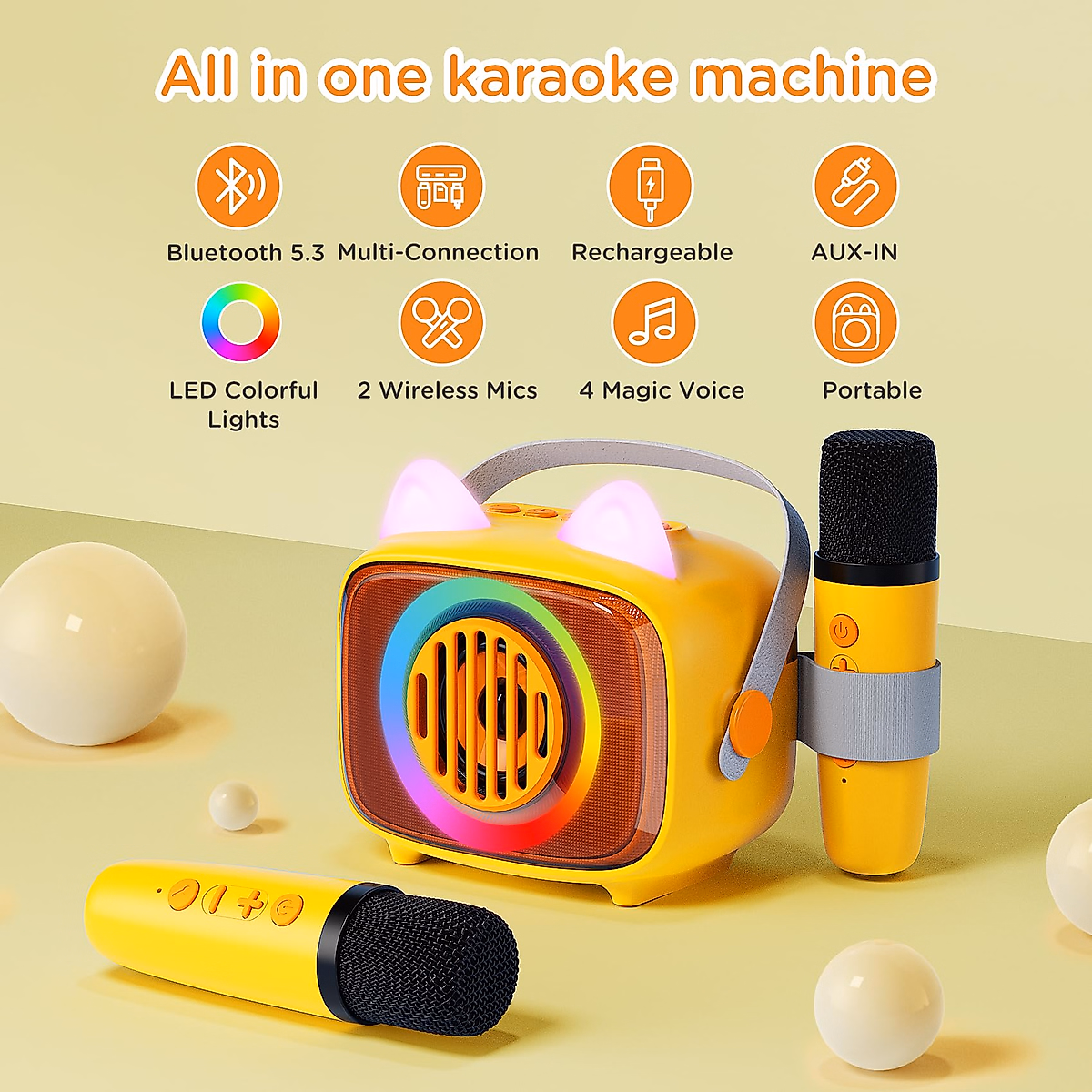 BIGASUO Kids Karaoke Machine, Portable Bluetooth Speaker with 2 Wireless Microphones, Music Toys for Girls & Boys, Birthday Gifts for Toddlers Kids Age 4, 5, 6, 7, 8, 9, 10+ Year Old