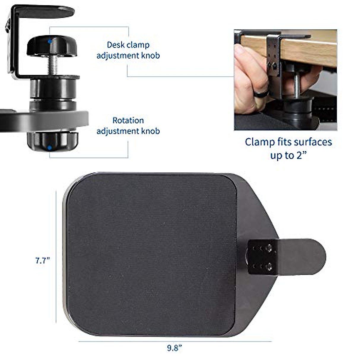 VIVO Desk Clamp Adjustable Computer Mouse Pad and Device Holder Extended Rotating Platform Tray, Fits up to 2 inch Desktops, Black, MOUNT-MS01A