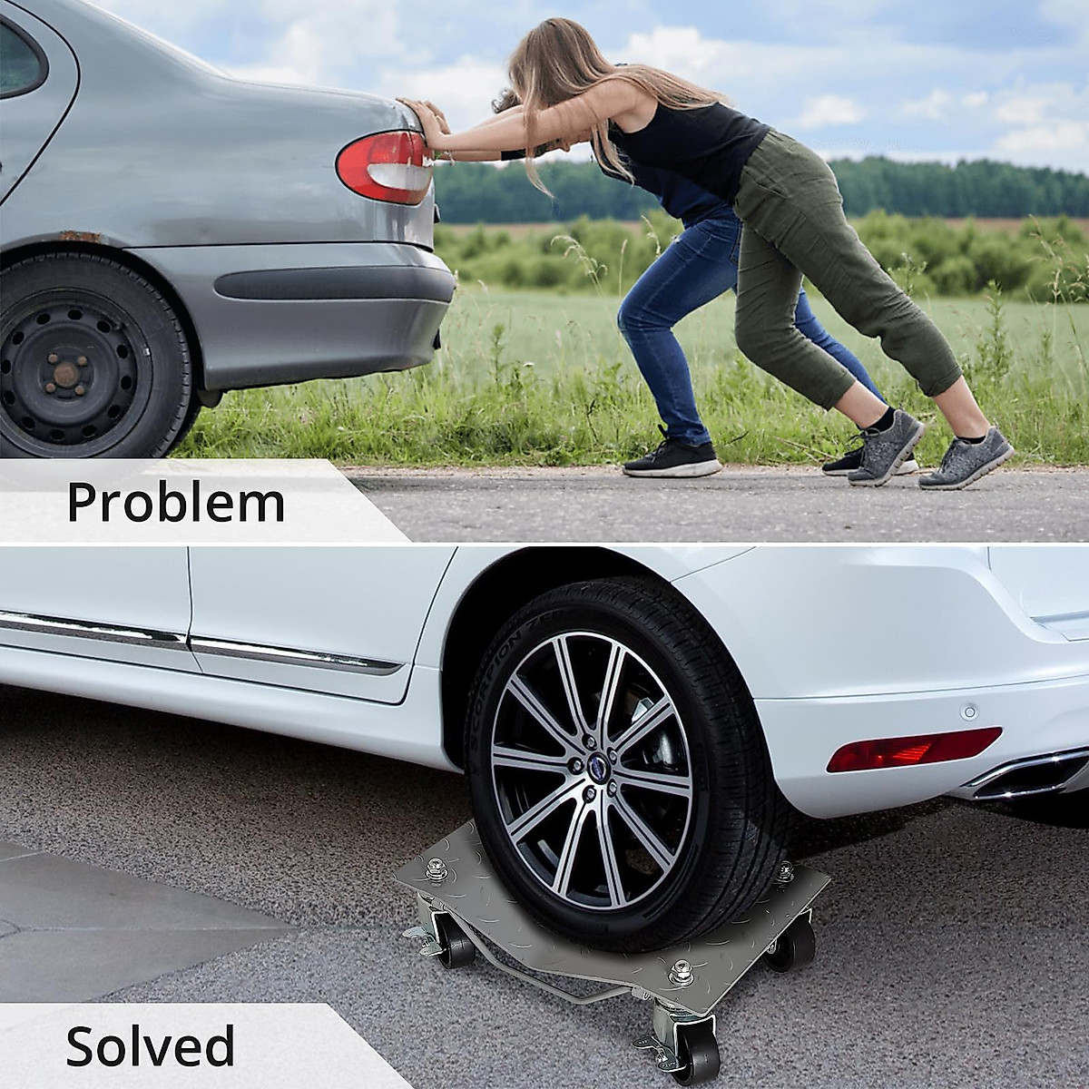 MERXENG [6000 lbs] Tire Wheel Dolly Car Set of 4, Heavy Duty Carbon Steel Car Mover with Antiskid Plate & 360 Degree Rotatable Wheel, 16"*12", Silver