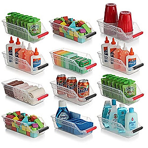 12 Pack - Multi-Purpose Shelf Baskets, Refrigerator Organizer Plastic Containers, Kitchen Pantry Cabinets Organization Bins, Clear