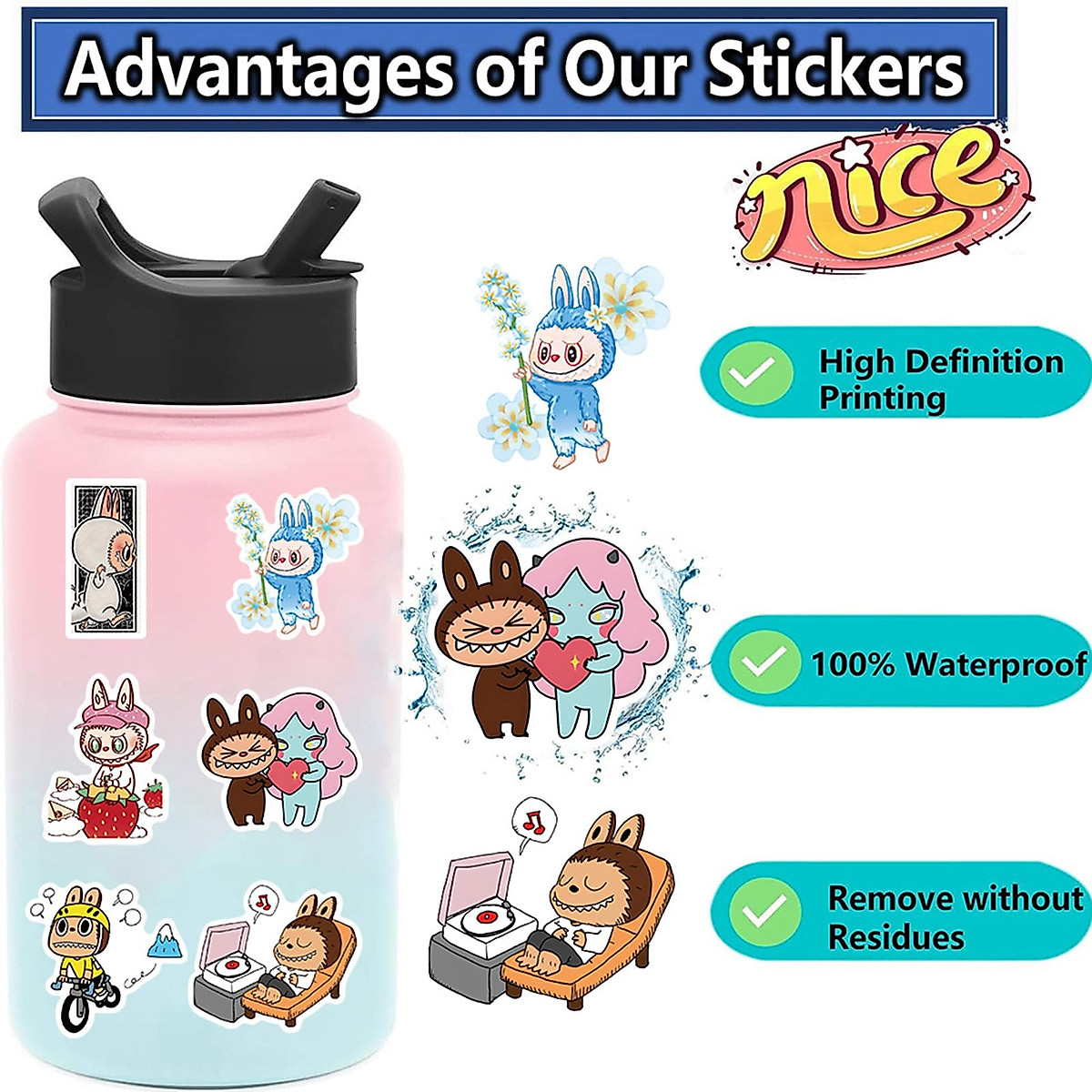 50pcs Labubu Cartoon Stickers for Teen Water Bottle, Cool Terror Labubu Waterproof Vinyl Decal for Kids Adult Girl Laptop Skateboard Phone Guitar Travel Case Bike
