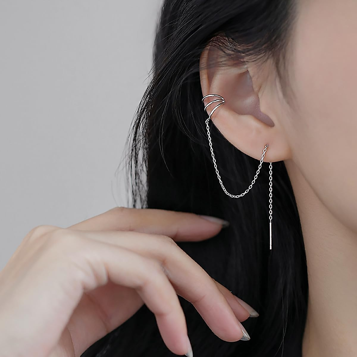 SLUYNZ 925 Sterling Silver Ear Cuff Earrings Chain for Women Crawler Earrings Wrap Helix Climber Earrings (A-Silver)