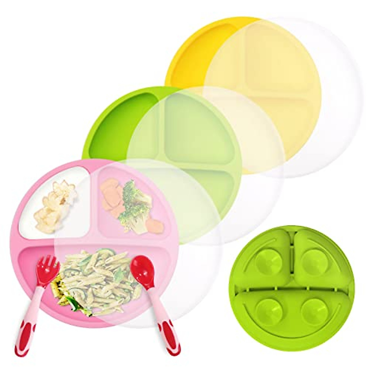 Wee me Suction Plates for Babies & Toddlers - Silicone Plates with Lids and Spoon Fork For Baby, Dishwasher and Microwave Oven Safe, 3 Pack (Green, Pink & Yellow)