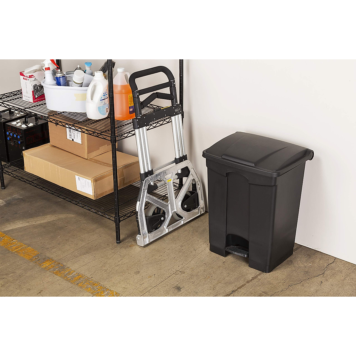 Safco Step-On Indoor Plastic Trash Can for Home & Commercial Use, Hands-Free Disposal, 23 Gallon, Black