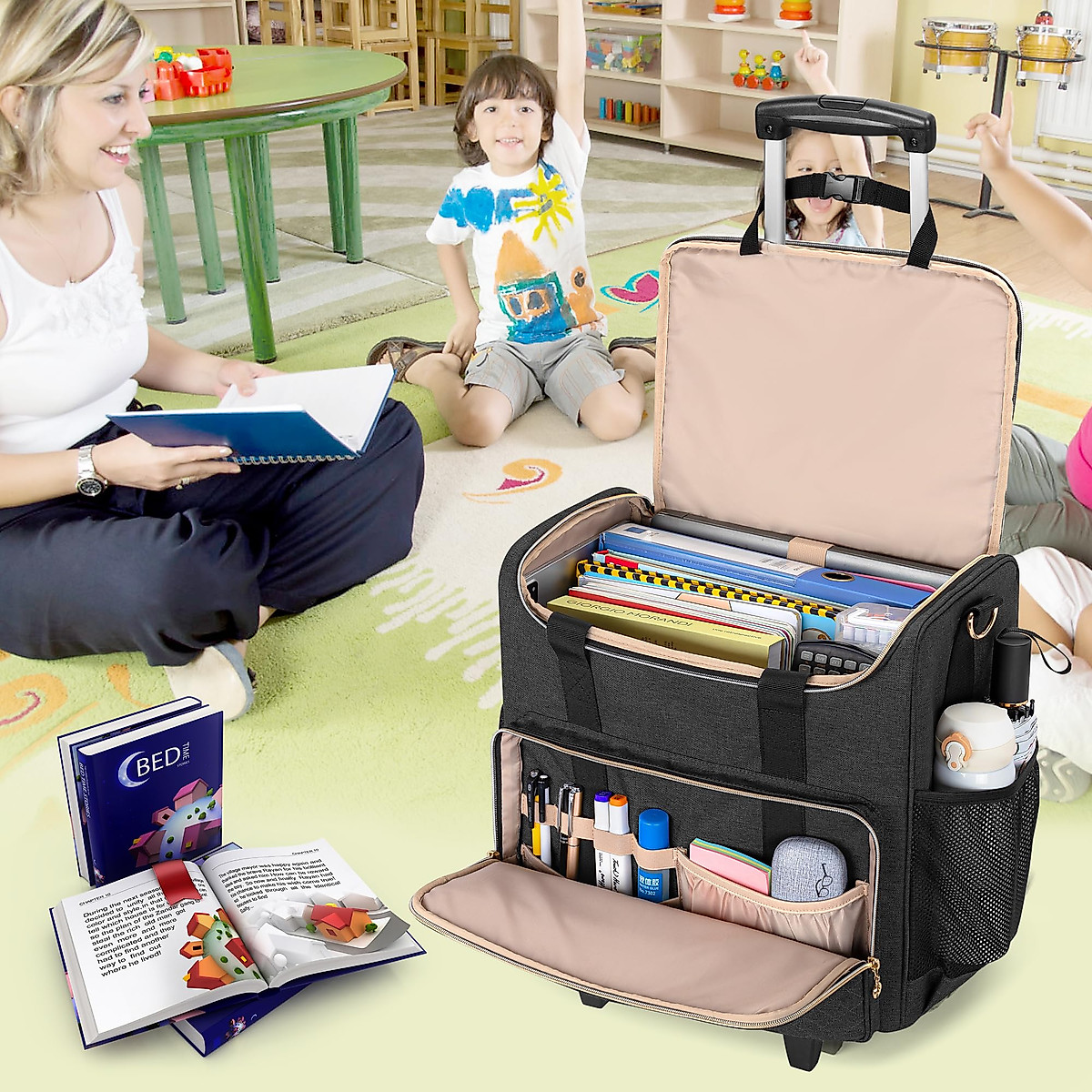 LUXJA Rolling Teacher Bag with Laptop Compartment and Detachable Dolly, Multifunctional Rolling Teacher Tote Bag (Patent Pending), Black