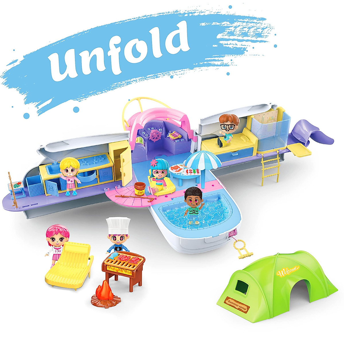 iPlay, iLearn Boat Dollhouse Playset for Girls 3-5, Kids Pretend Play Doll House Set W/ Cruise Ship, Dolls, Camping Accessories, Birthday Stocking Gifts for 4 5 6 Year Olds Child Toddler