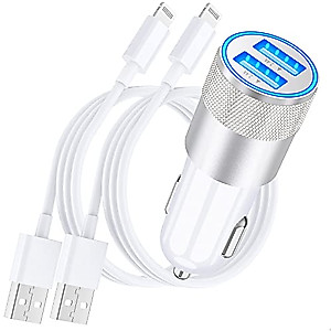 [Apple MFi Certified] iPhone Fast Car Charger, Rombica 4.8A Dual USB Smart Power Car Rapid Charger with 2 Pack Lightning to USB Quick Car Charging Cord for iPhone 14/13/12/11/XS/XR/SE/X 8/iPad/AirPods