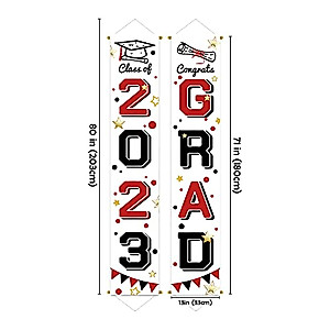 Bunny Chorus 2023 Graduation Party Decorations, Class of 2023 Congrats Grad Banner, Graduation Porch Sign with Gold Stars, Red and Black Hanging Banner Photo Props for Home School Graduation Party