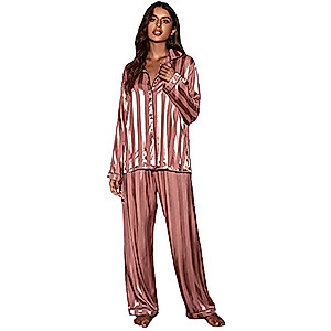 MakeMeChic Women's 2 Piece PJ Set Striped Long Sleeve Top and Pants Pajama Set Dusty Pink M
