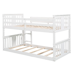 Twin Bunk Beds Low Bunk Bed Frame Wood Twin Over Twin Bunkbed for Kids Toddlers Boys Girls Bedroom, White