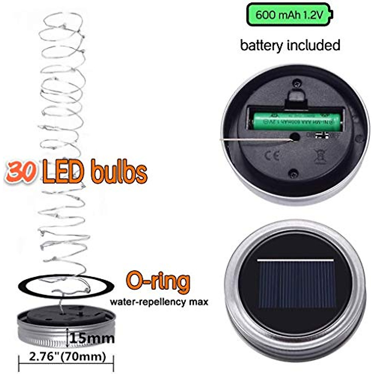 SunKite Solar Mason Jar Lights, 12 Pack 30 LED Waterproof Fairy Firefly Jar Lids String Lights with Hangers(NO Jars), Patio Yard Garden Wedding Decoration - Warm White