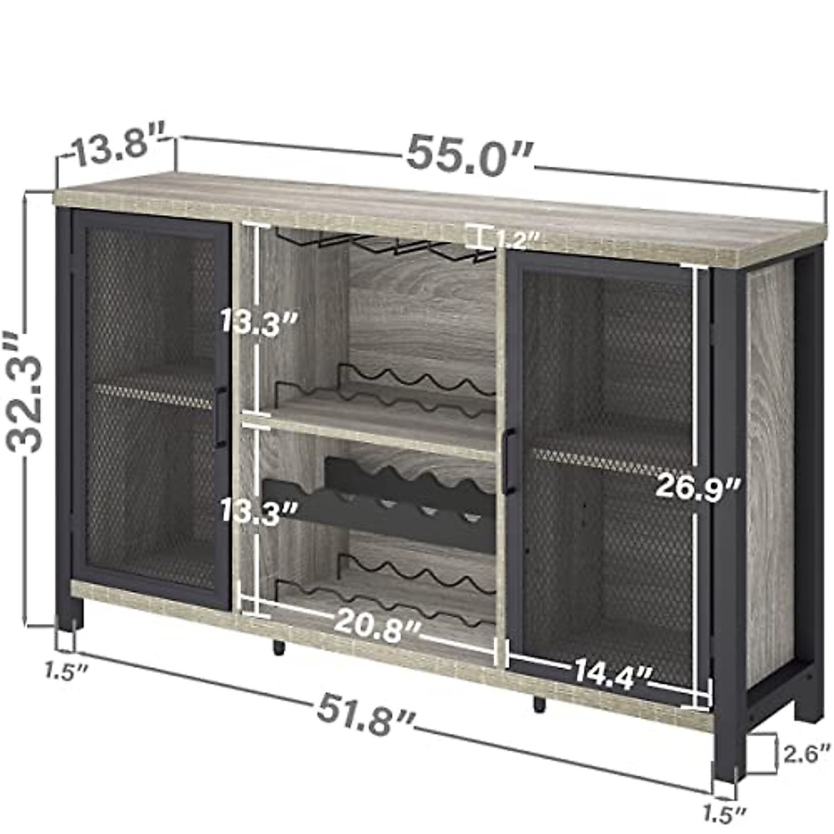 IBF Rustic Liquor Bar Cabinet, Industrial Coffee Wine Cabinet for Liquor and Glasses, Farmhouse Bar for Home Kitchen Living Dining, Sideboard Buffet Cabinet with Bar Rack Storage, Light Gray Oak 55 In