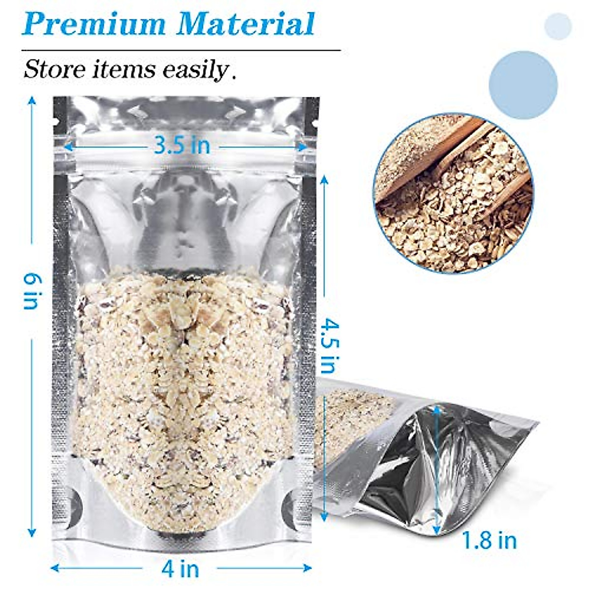 200 Pack - 4"x6" Stand Up Clear Silver Reclosable Mylar Bags for Food Storage, 7.8-mil Aluminum Foil Packaging, Plastic Zipper Food Coffee Candy Storage, Foil Grip Seal Zip Lock Wrap Smell Proof Bags
