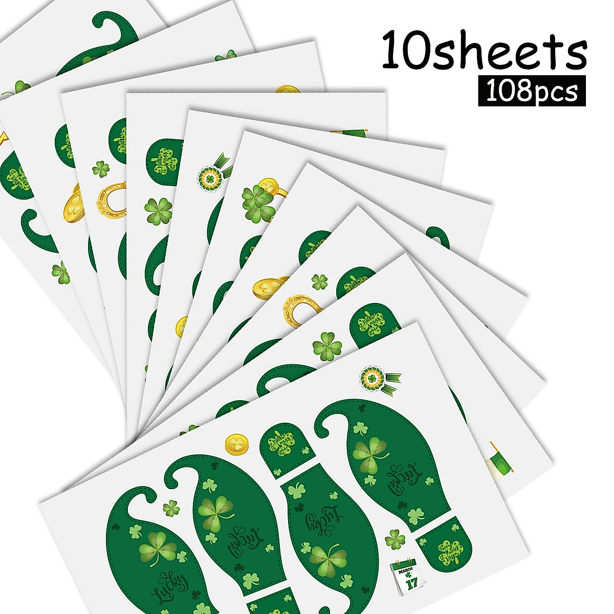 St. Patrick's Day Decorations Leprechaun Footprints Floor Decals Stickers, 10 Sheets 108 pcs Self-Adhesive Shamrock Gold Coin Stickers Party Supplies for Kids School Home Office.